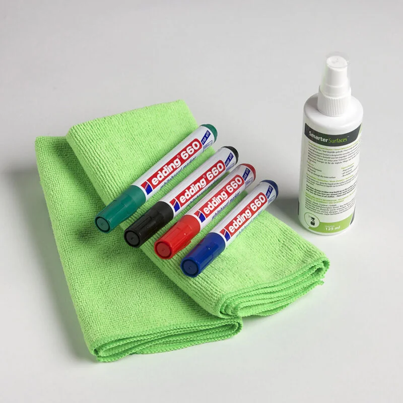 Whiteboard Cleaning Kit | Markers, Cleaning Spray & Microfiber Cloth
